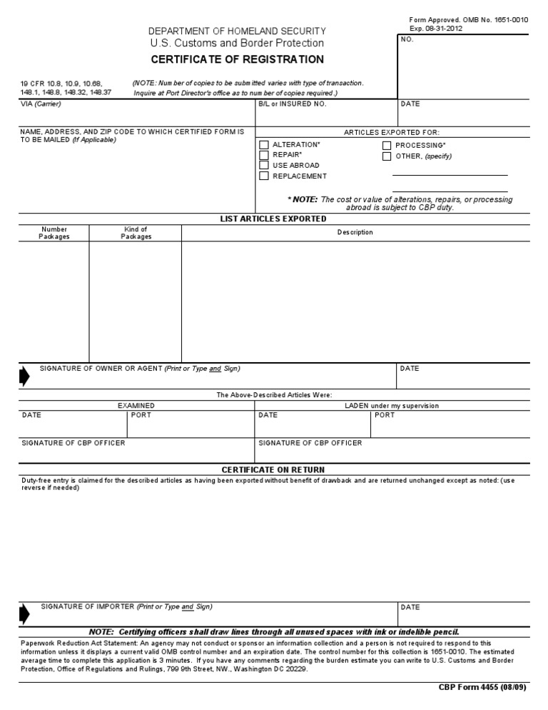 U.S. Customs Form: CBP Form 4455 - Certificate of Registration | PDF ...