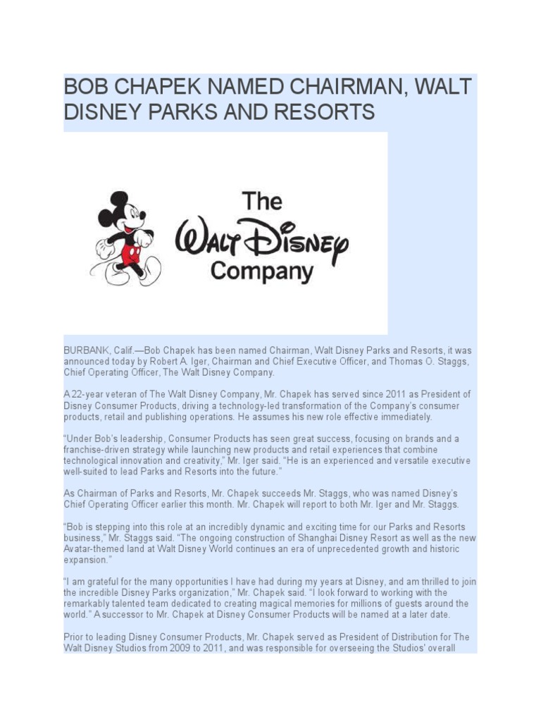 Bob Chapek Appointed Chairman of Disney Parks | PDF | The Walt Disney ...