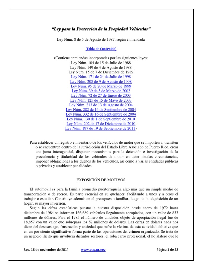Ley para La Protección de La Propiedad Vehicular Ley 8-1987 | PDF ...
