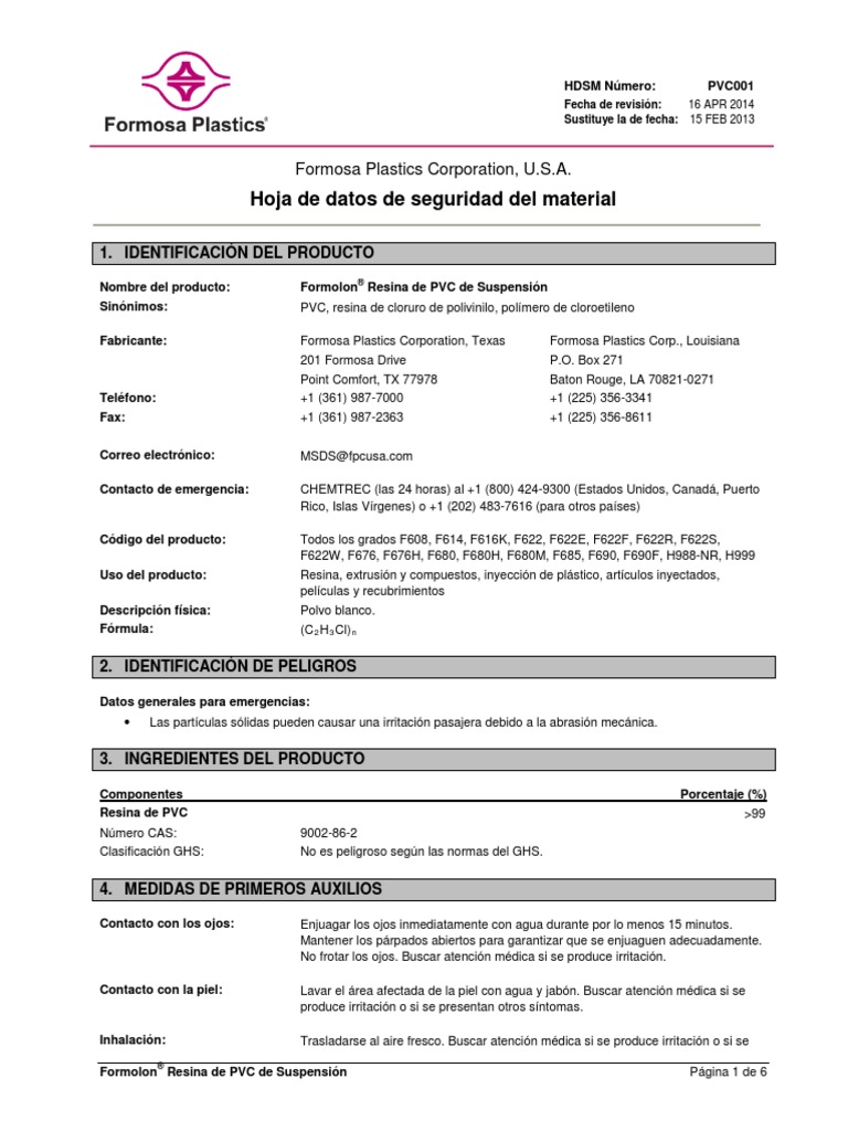Formolon 622 MSDS | Cloruro de polivinilo | Seguridad y salud ocupacional