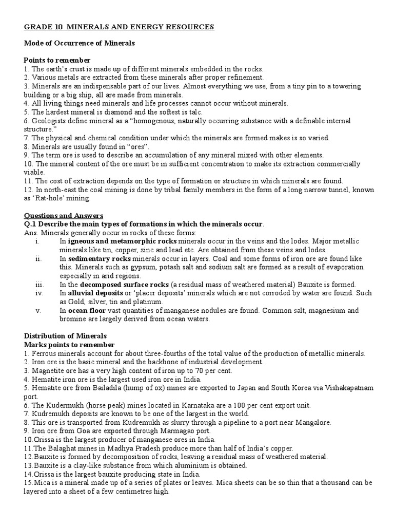 Grade 10 Minerals and Energy Resources Guide | PDF | Iron Ore | Coal