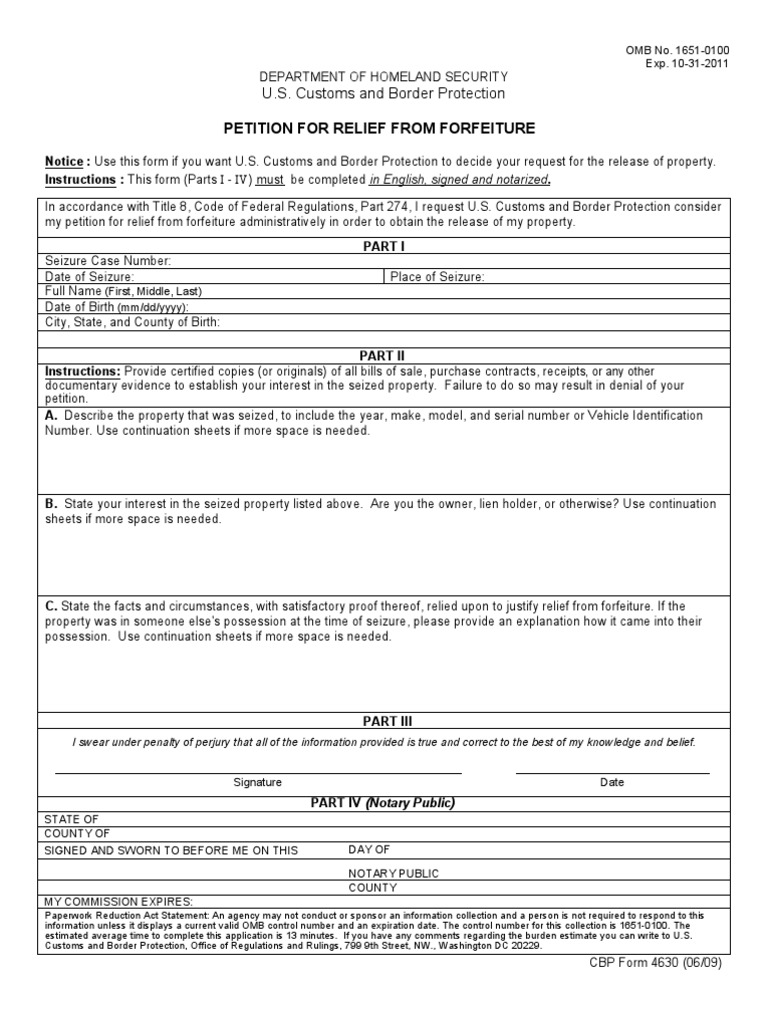 U.S. Customs Form: CBP Form 4630 - Petition For Relief From Forfeiture ...