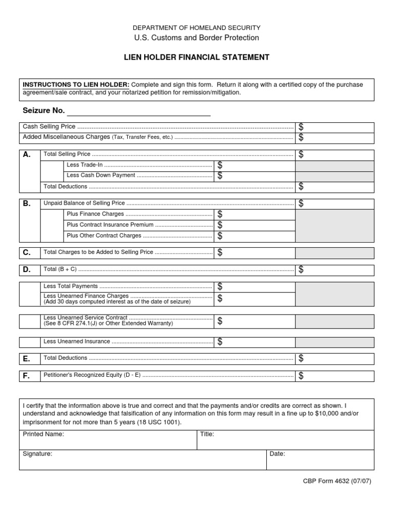 U.S. Customs Form: CBP Form 4632 - Lien Holder Financial Statement ...