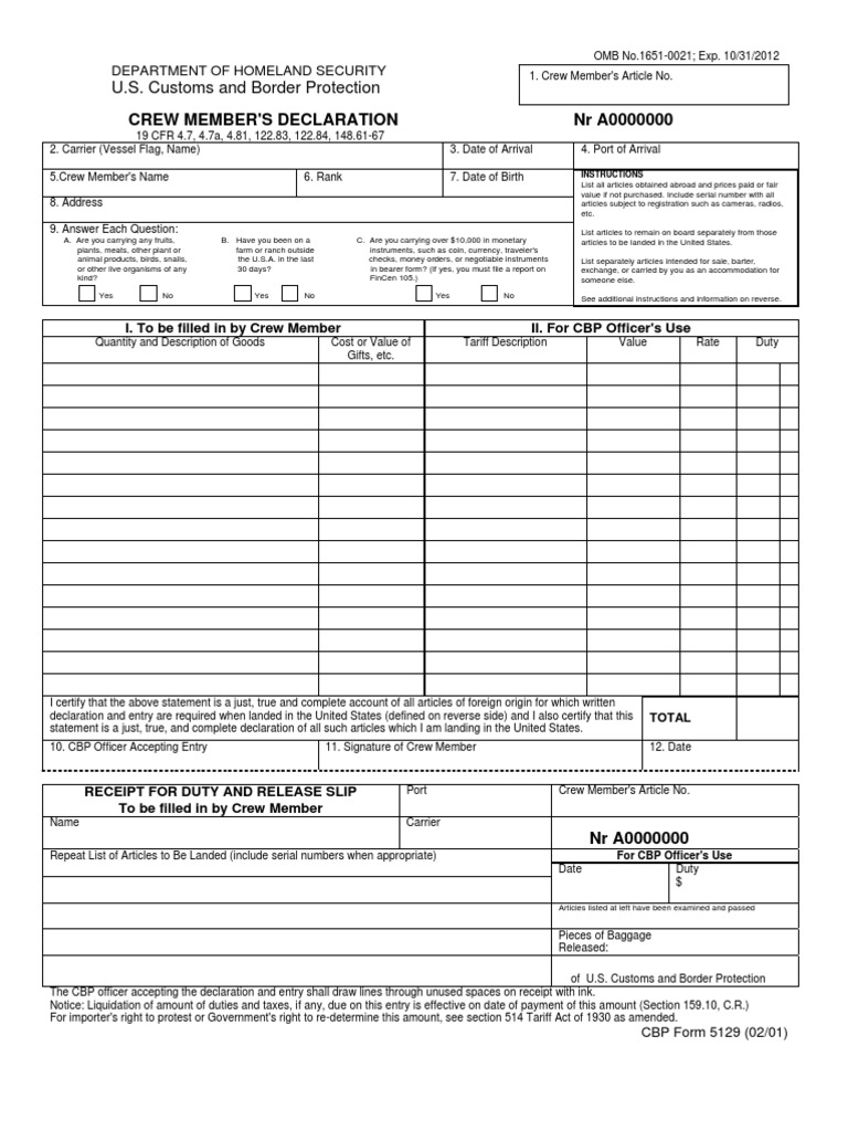 U.S. Customs Form: CBP Form 5129 - Crew Member's Declaration and ...