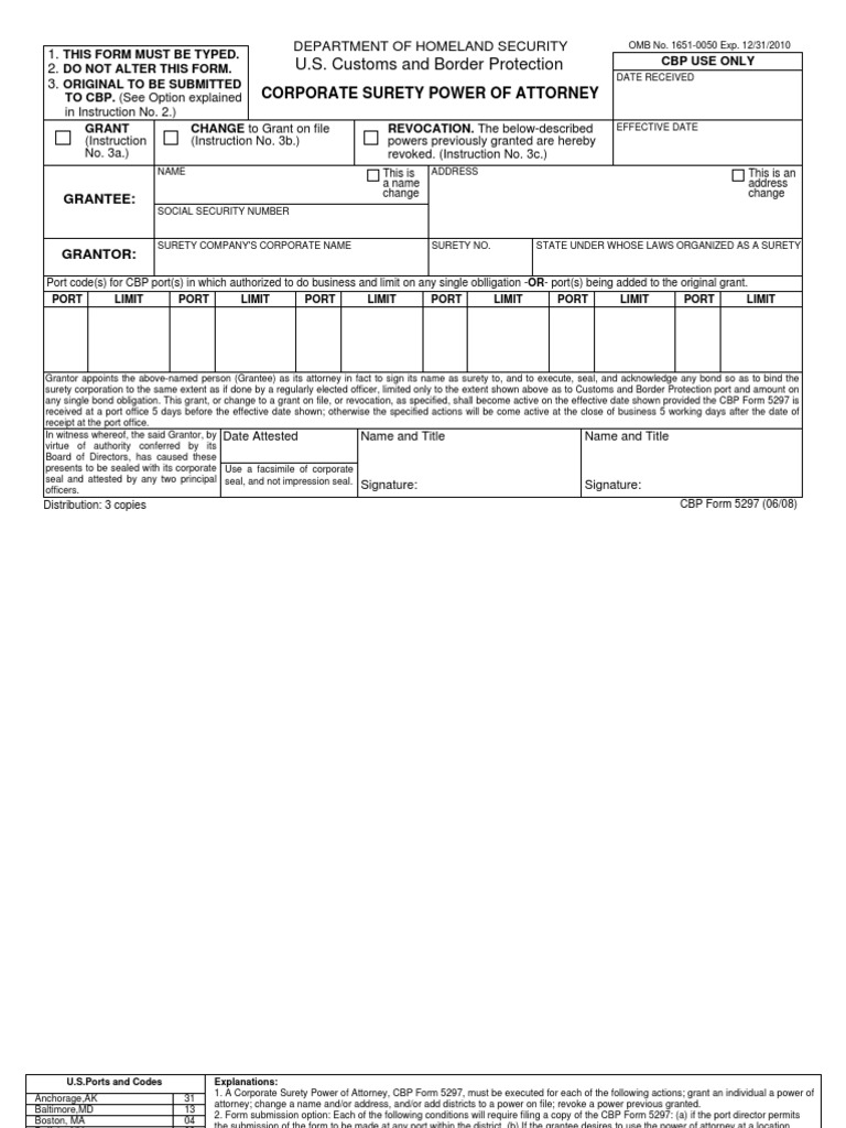 U.S. Customs Form: CBP Form 5297 - Power of Attorney | Power Of ...