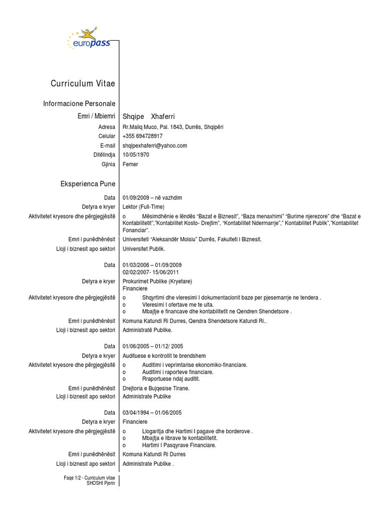 CV Shqipe Xhaferri Shqip | PDF