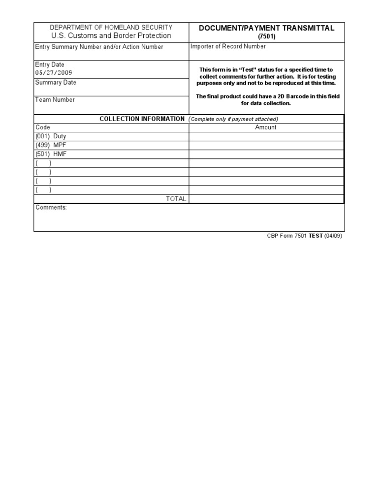 U.S. Customs Form: CBP Form 7501 - Document/Payment Transmittal Test | PDF