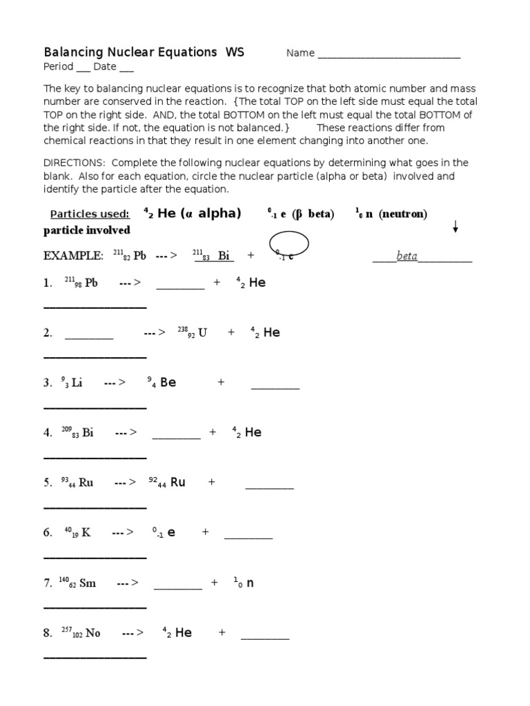 Balancing Nuclear Equations Worksheet | PDF