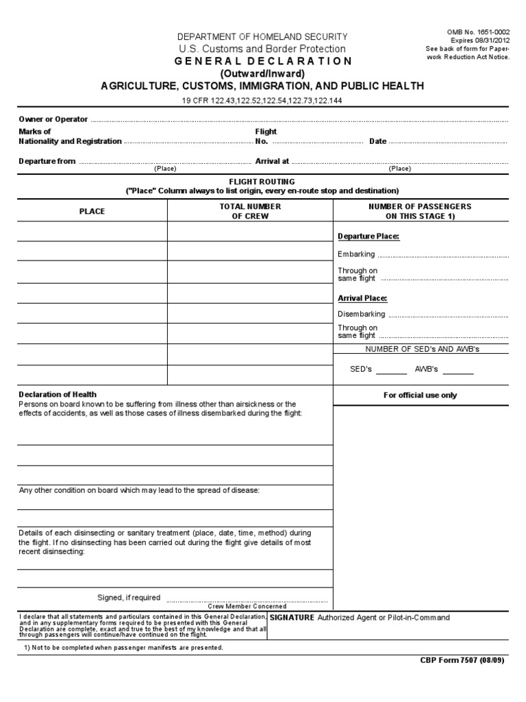 U.S. Customs Form: CBP Form 7507 - General Declaration Agriculture ...