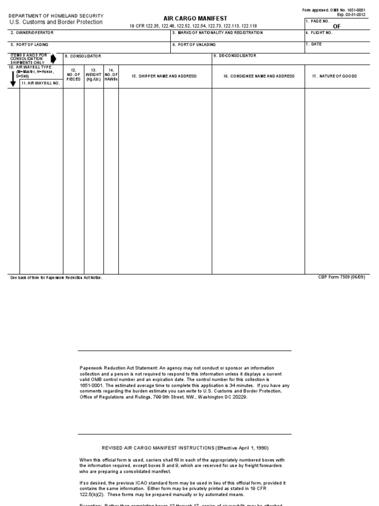 U.S. Customs Form: CBP Form 7509 - Air Cargo Manifest | PDF | Cargo | U ...