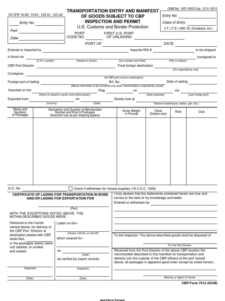 U.S. Customs Form: CBP Form 7512 - Transportation Entry and Manifest of ...