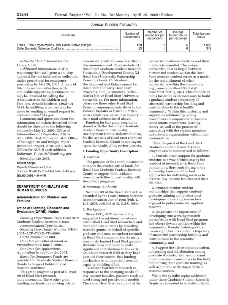 Notice: Grants and Cooperative Agreements Availability, Etc.: Head Start Graduate Student ...