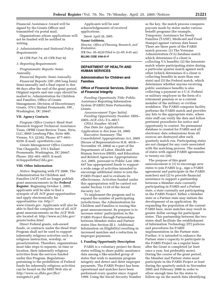 Notice: Grants and Cooperative Agreements Availability, Etc.: Public Assistance Reporting ...