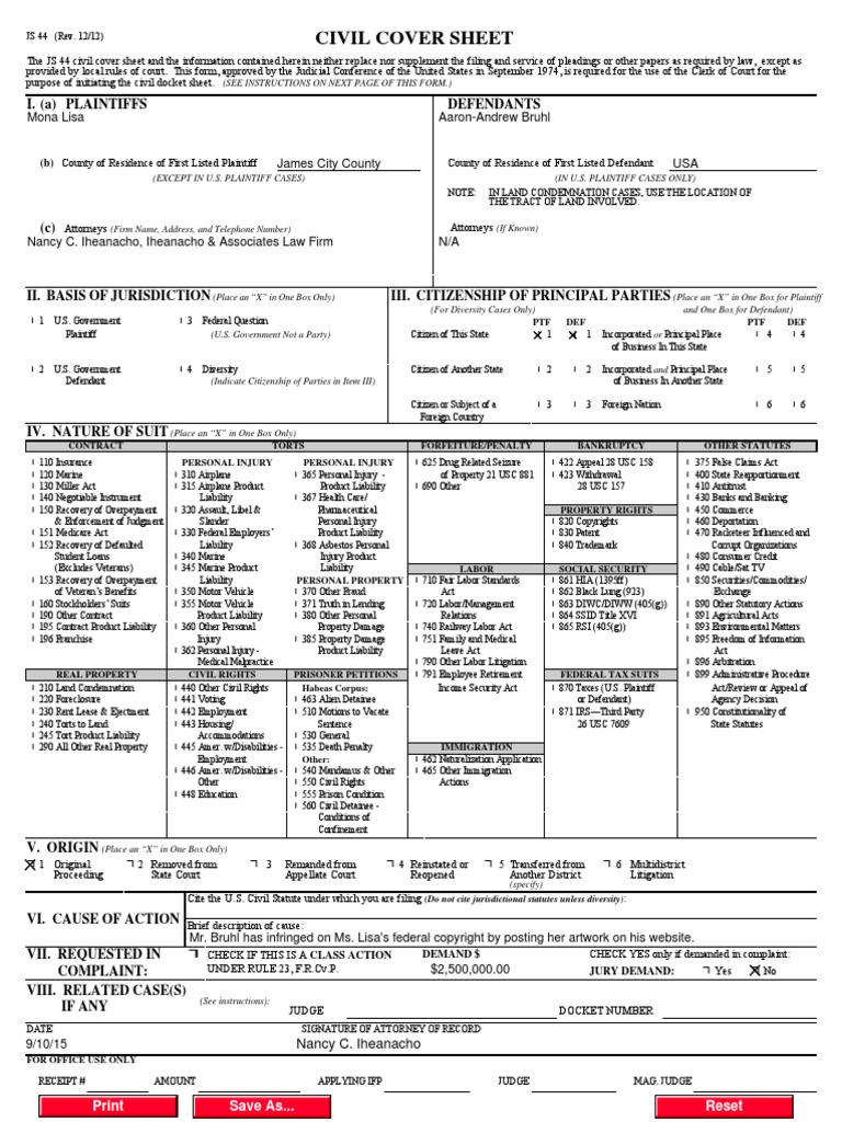Civil Cover Sheet | Diversity Jurisdiction | Lawsuit