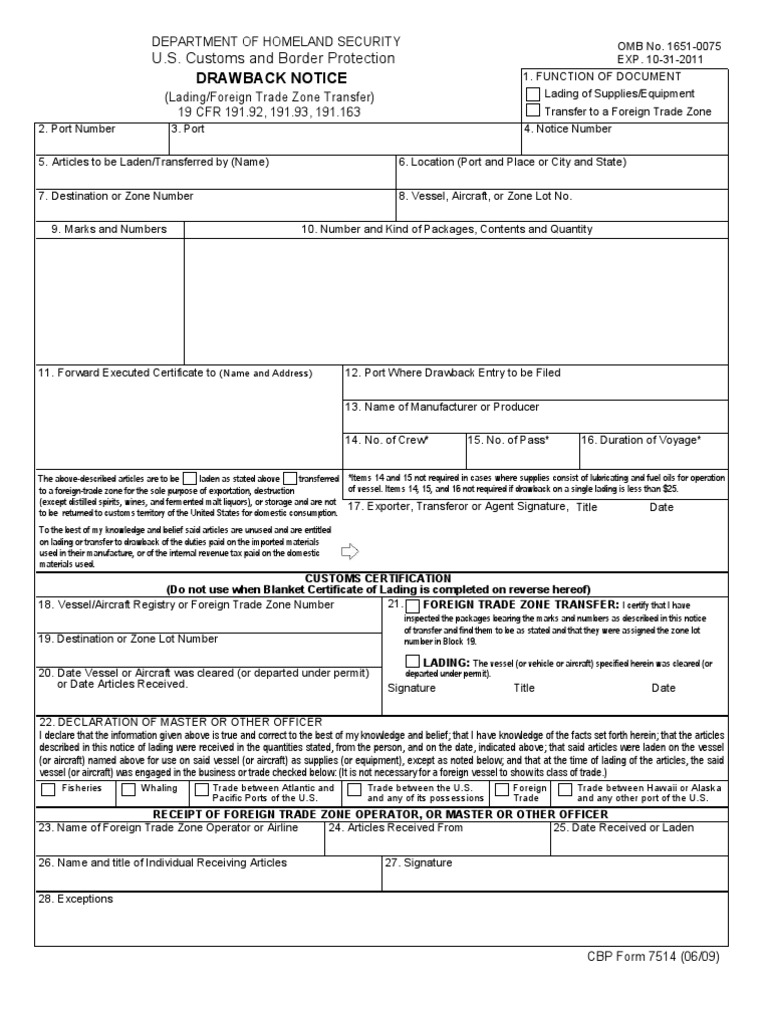 Duty Drawback Transfer Notice Form | PDF | U.S. Customs And Border ...