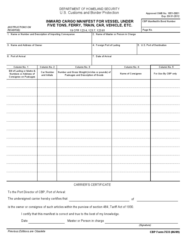U.S. Customs Form: CBP Form 7533 - Inward Cargo Manifest For Vessel ...