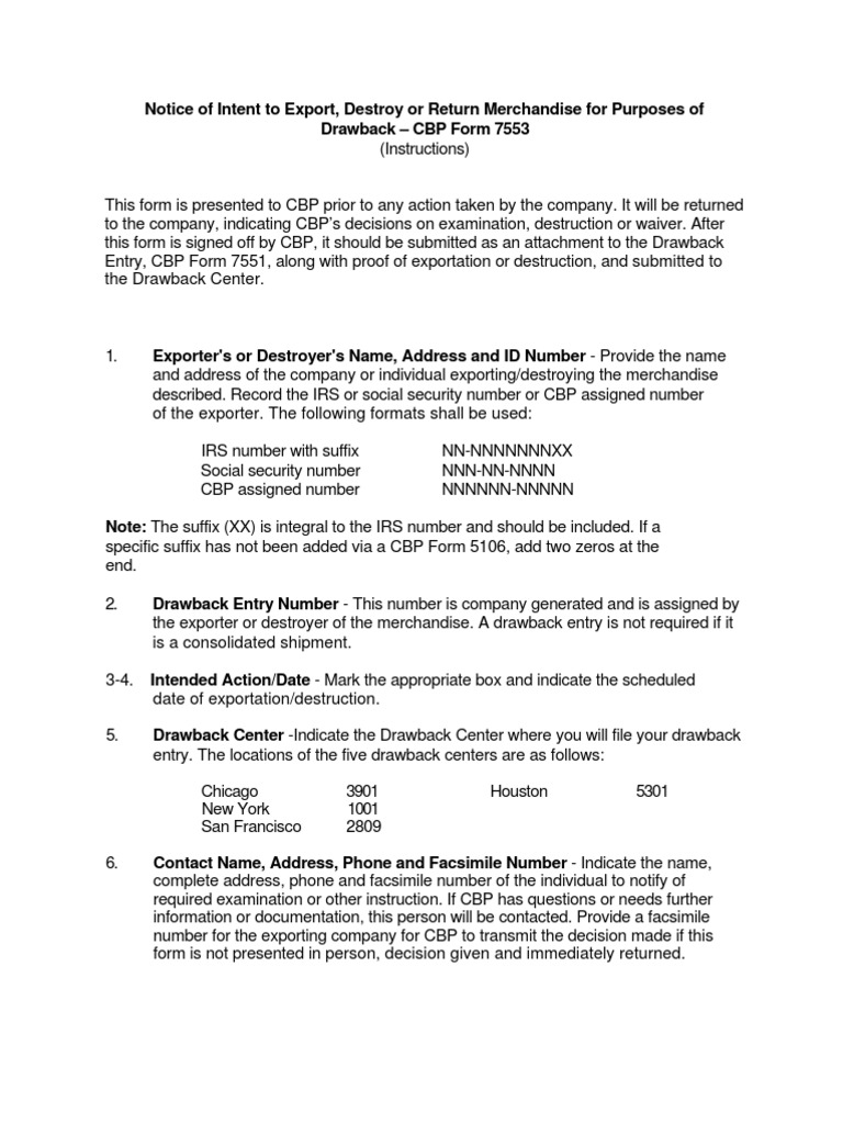 U.S. Customs Form: CBP Form 7553 - Notice of Intent To Export, Destroy ...