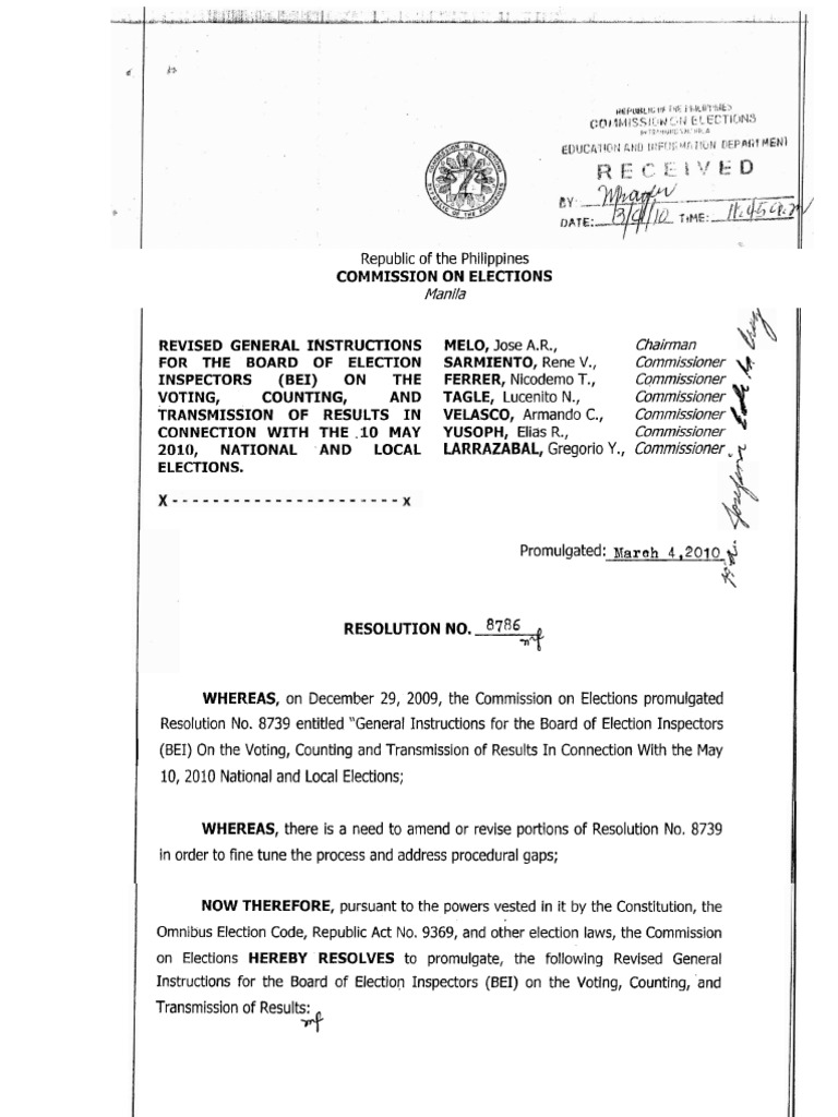 Comelec Resolution No. 8786 - Revised General Instructions For The ...