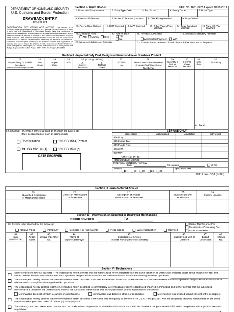 U.S. Customs Form: CBP Form 7551 - Drawback Entry | U.S. Customs And ...