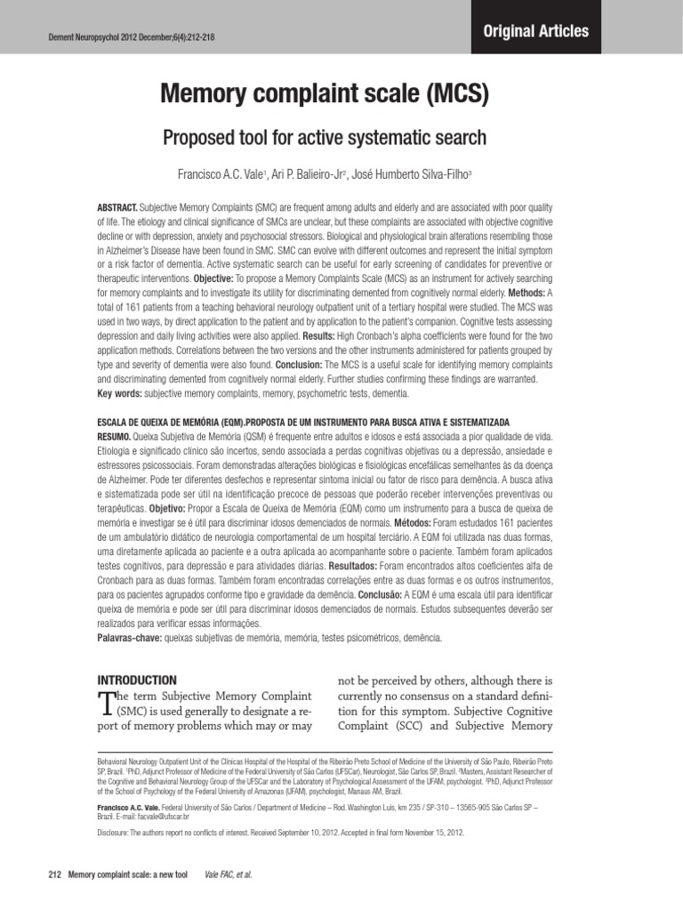 Memory Complaint Scale (MCS) | PDF | Dementia | Major Depressive Disorder