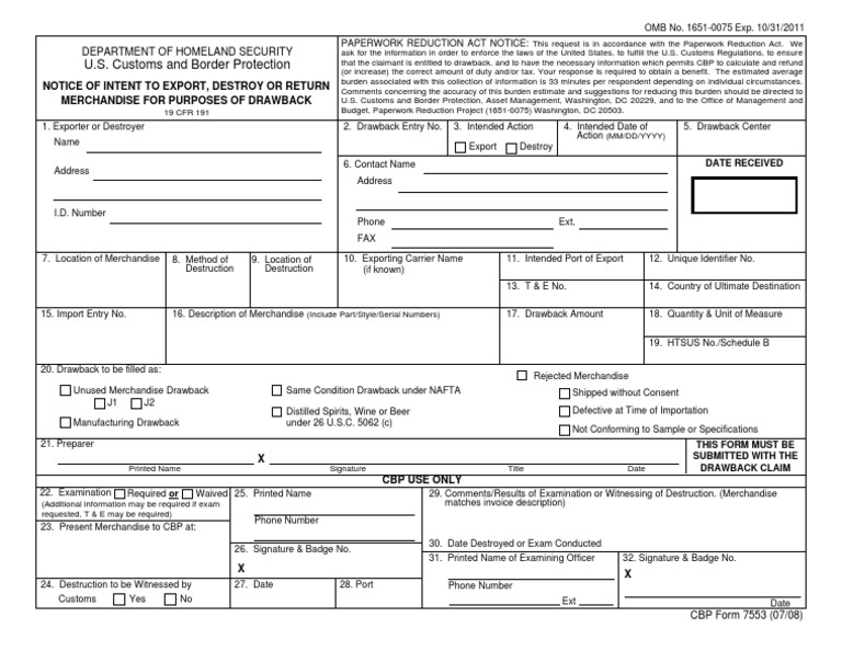 U.S. Customs Form: CBP Form 7553 - Notice of Intent To Export, Destroy ...
