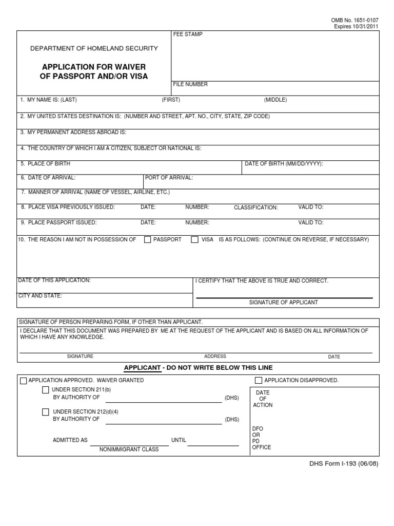 U.S. Customs Form: CBP Form I-193 - Application For Waiver of Passport ...