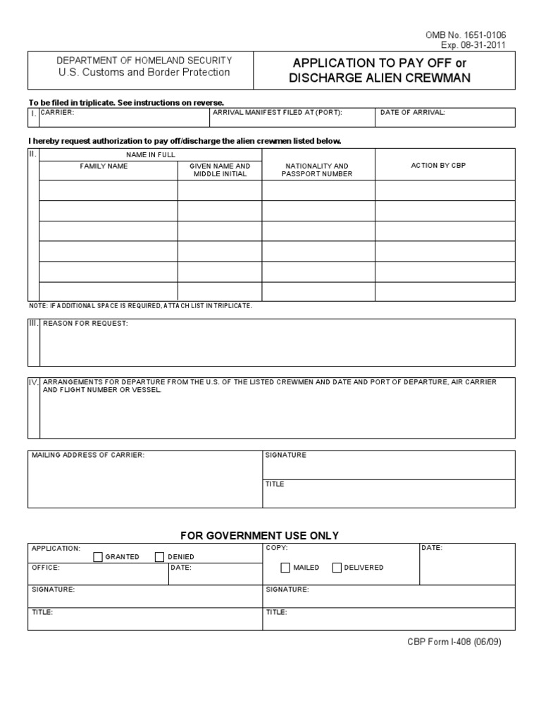 U.S. Customs Form: CBP Form I-408 - Application To Pay Off or Discharge ...