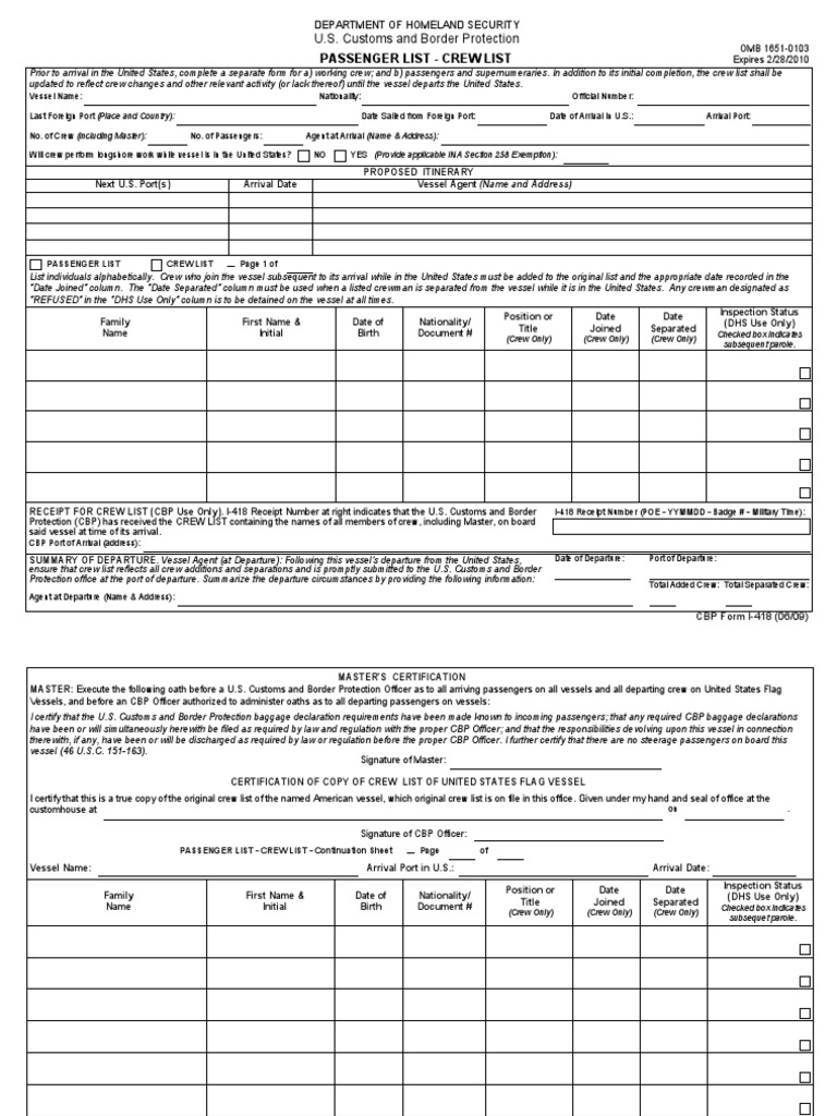 U.S. Customs Form: CBP Form I-418 - Passenger List - Crew List | PDF ...