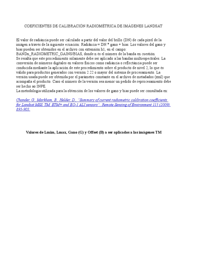 Coeficientes de Calibracion Radiometrica Lansat | PDF | Resolución de ...