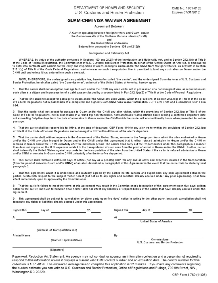 U.S. Customs Form: CBP Form I-760 - Guam Visa Waiver Agreement | PDF ...