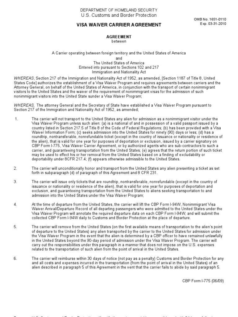 U.S. Customs Form: CBP Form I-775 - Visa Waiver Carrier Agreement | PDF ...