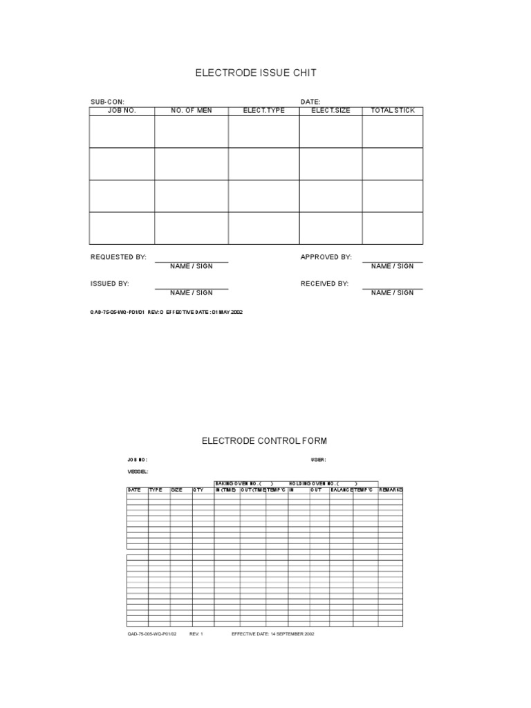 Electrode Control Tracking Form | PDF