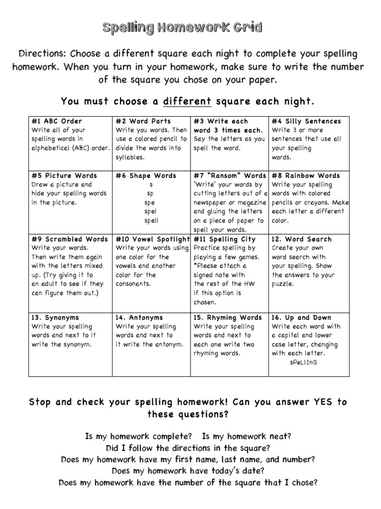 Spelling Homework Activities | PDF