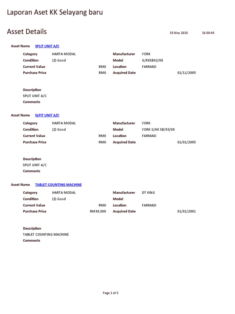 Laporan Aset KK Selayang Baru Asset Details: Split Unit A/C | PDF ...