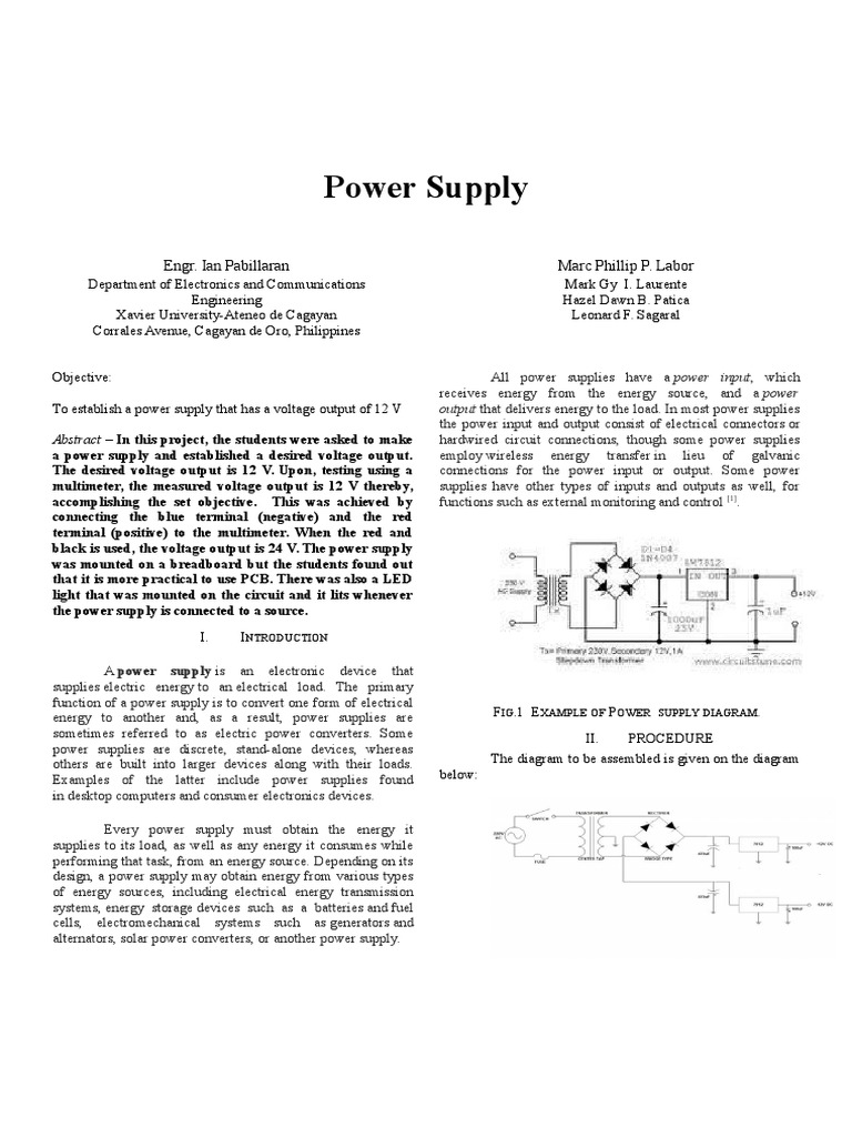 12V Power Supply Lab Project Report | PDF | Power Supply | Capacitor