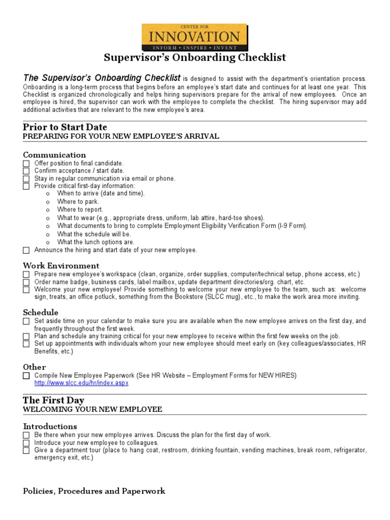 Supervisor Onboarding Checklist | PDF | Performance Management ...