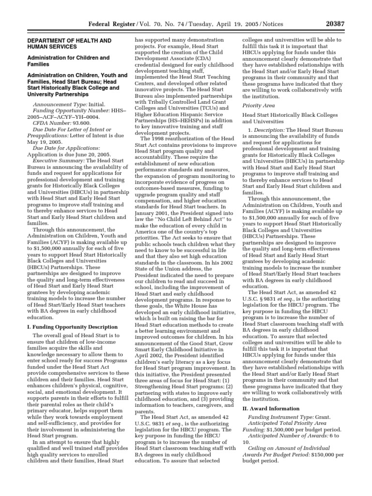Notice: Grants and Cooperative Agreements Availability, Etc.: Head Start Historically Black ...