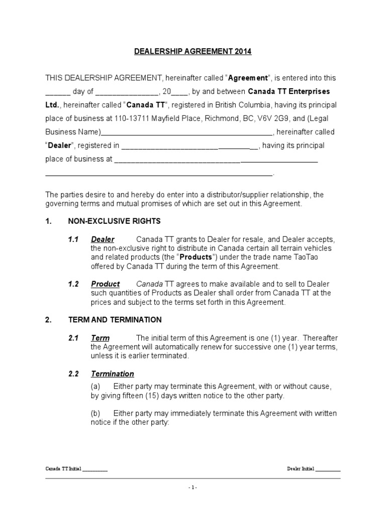 Dealership Agreement | PDF | Indemnity | Confidentiality