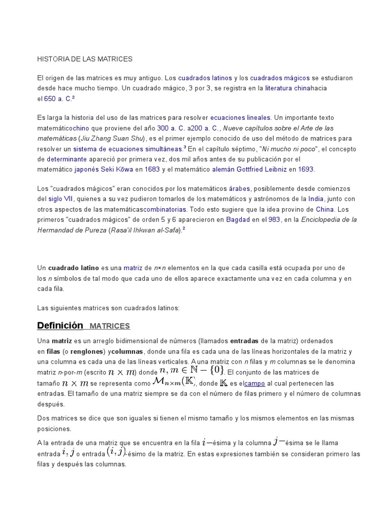 Historia de Las Matrices | Matriz (Matemáticas) | Análisis matemático