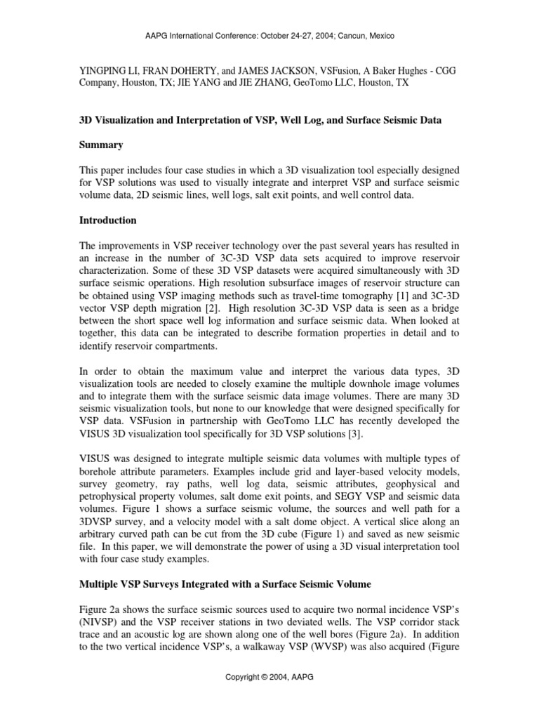 3D Visualization and Interpretation of VSP, Well Log, and Surface ...