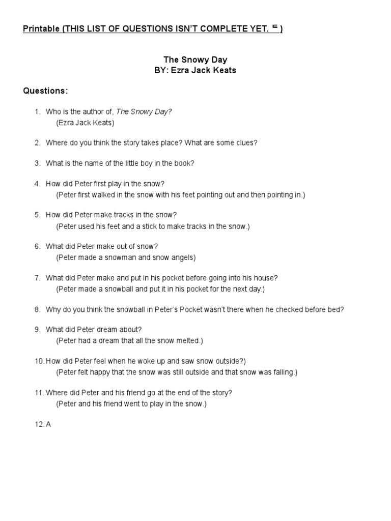 The Snowy Day: Discussion Questions | PDF | Travel | Home & Garden
