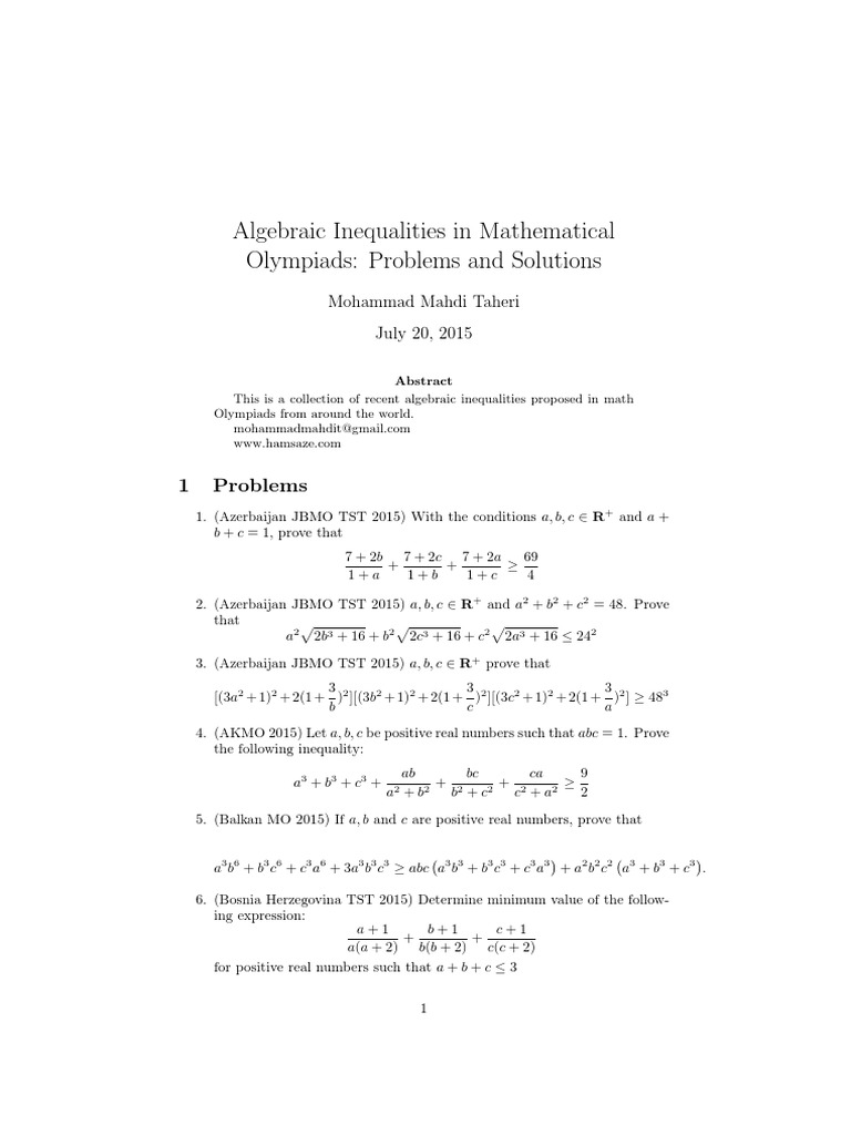 Algebraic Inequalities in Mathematical Olympiads: An Extensive Collection of Problems and ...