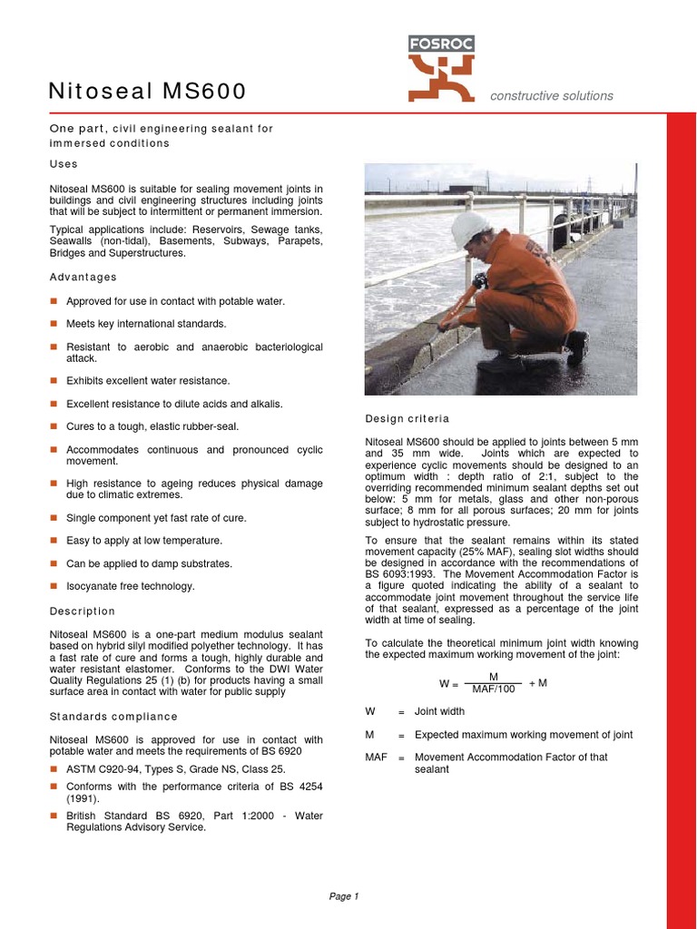 A Technical Data Sheet for Nitoseal MS600, a One-Part Civil Engineering ...