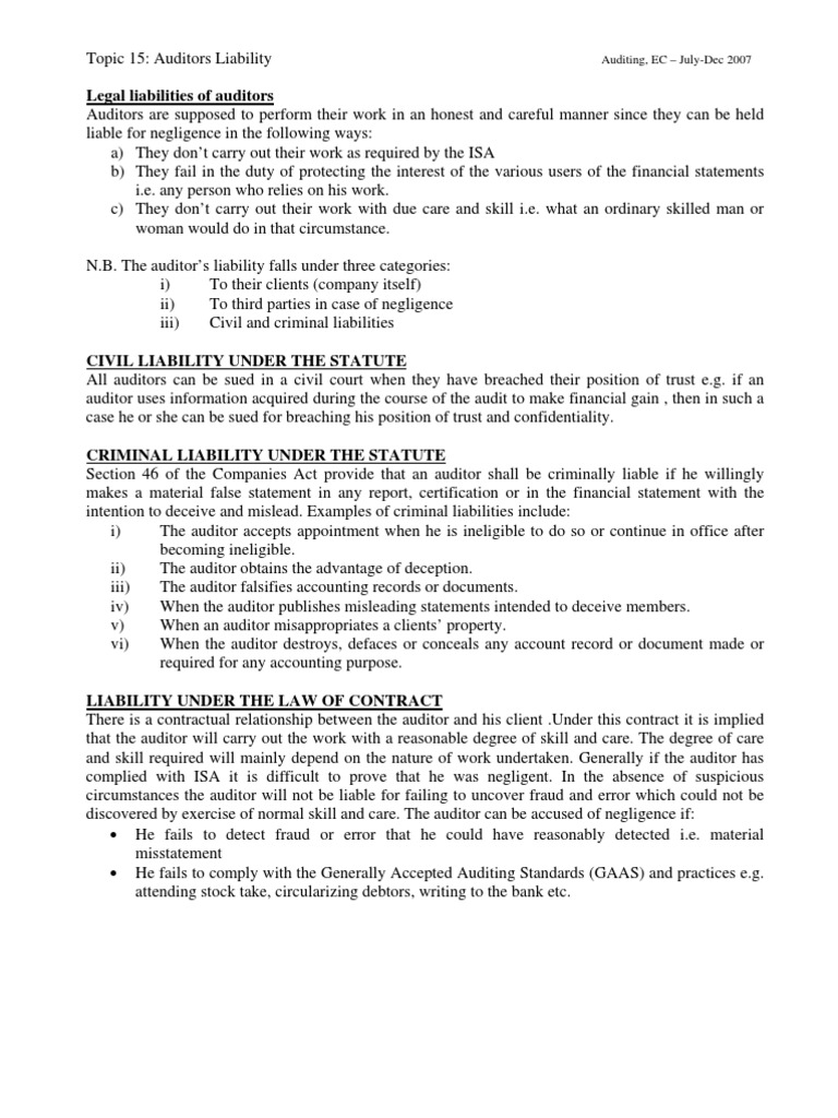 Auditors Liability | PDF | Negligence | Duty Of Care