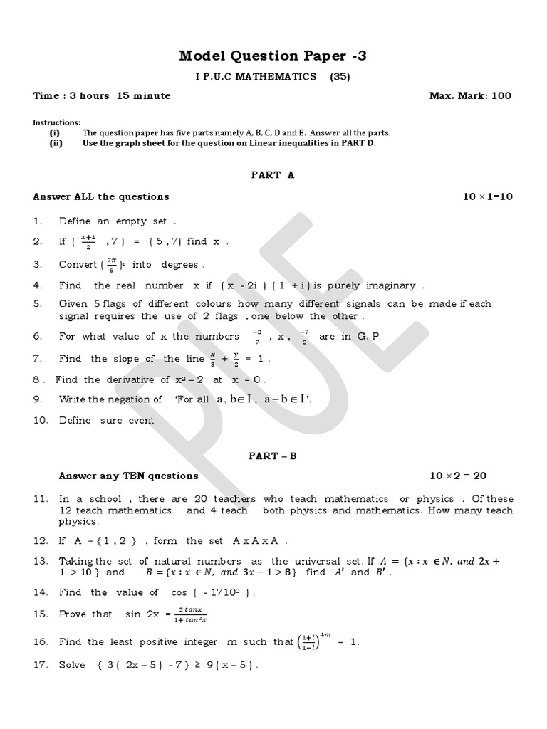 Model Question Paper - 3: I P.U.C Mathematics (35) Time: 3 Hours 15 ...