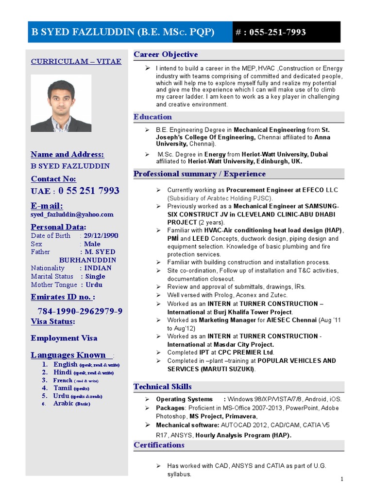 Procurement Engineer CV - B. Syed Fazluddin | PDF | United Arab ...