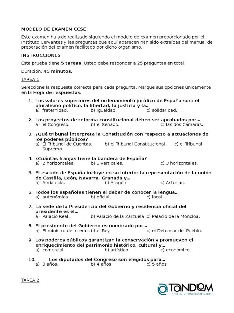 Modelo examen CCSE | España | Gobierno