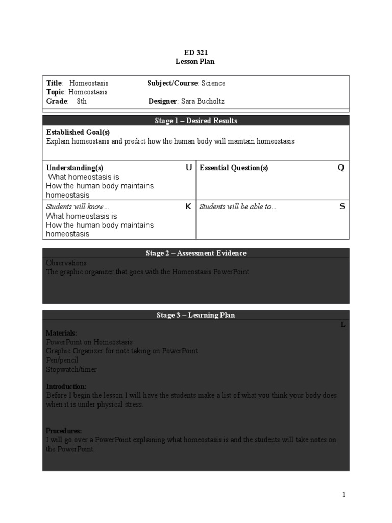 ED 321 Lesson Plan Title: Homeostasis Subject/Course: Science Topic ...
