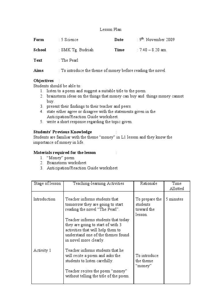 Lesson Plan The Pearl (Theme) | PDF | Brainstorming | Lesson Plan