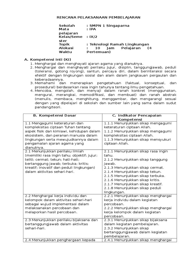 Contoh RPP Ipa Kelas 9 BAB-9 KURTILAS | PDF
